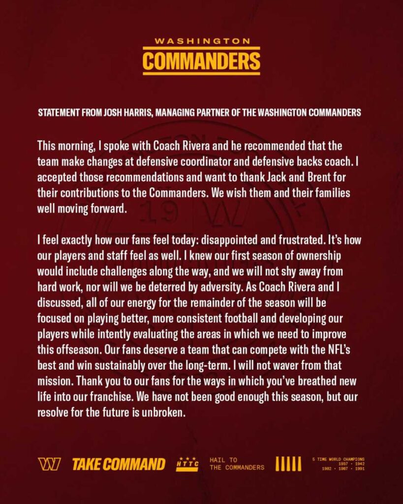 Washington Commanders Owner Josh Harris Releases Statement on Moves ...