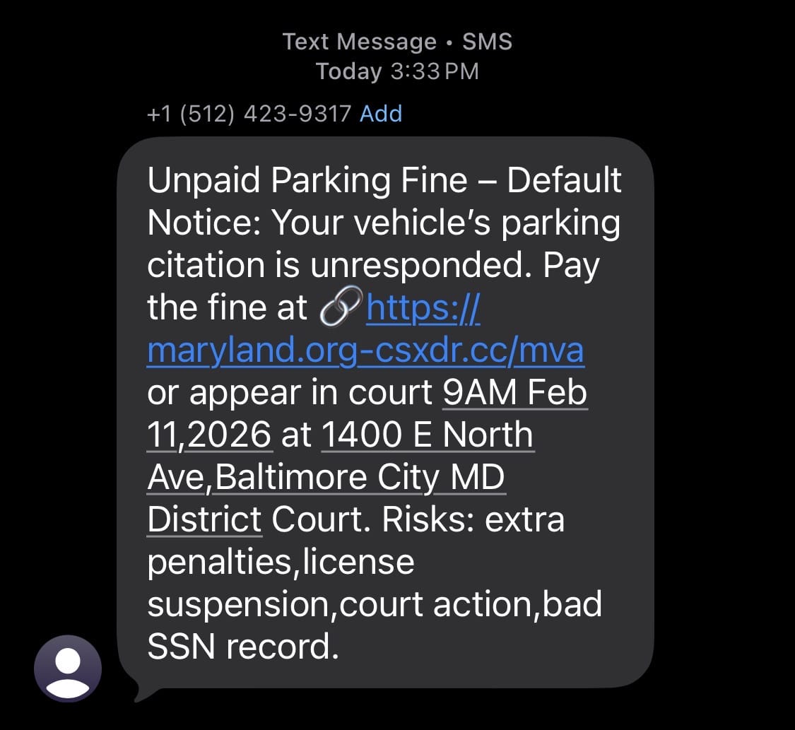 Maryland Scam: Scam Text Claiming Unpaid Parking Fines Circulating ...